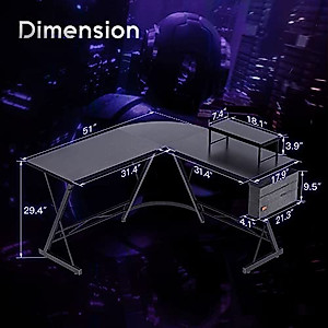 Casaottima L Shaped Gaming Desk, Home Office Desk with Round Corner, Computer Desk with Large Monitor Stand Desk Workstation, 51 inches