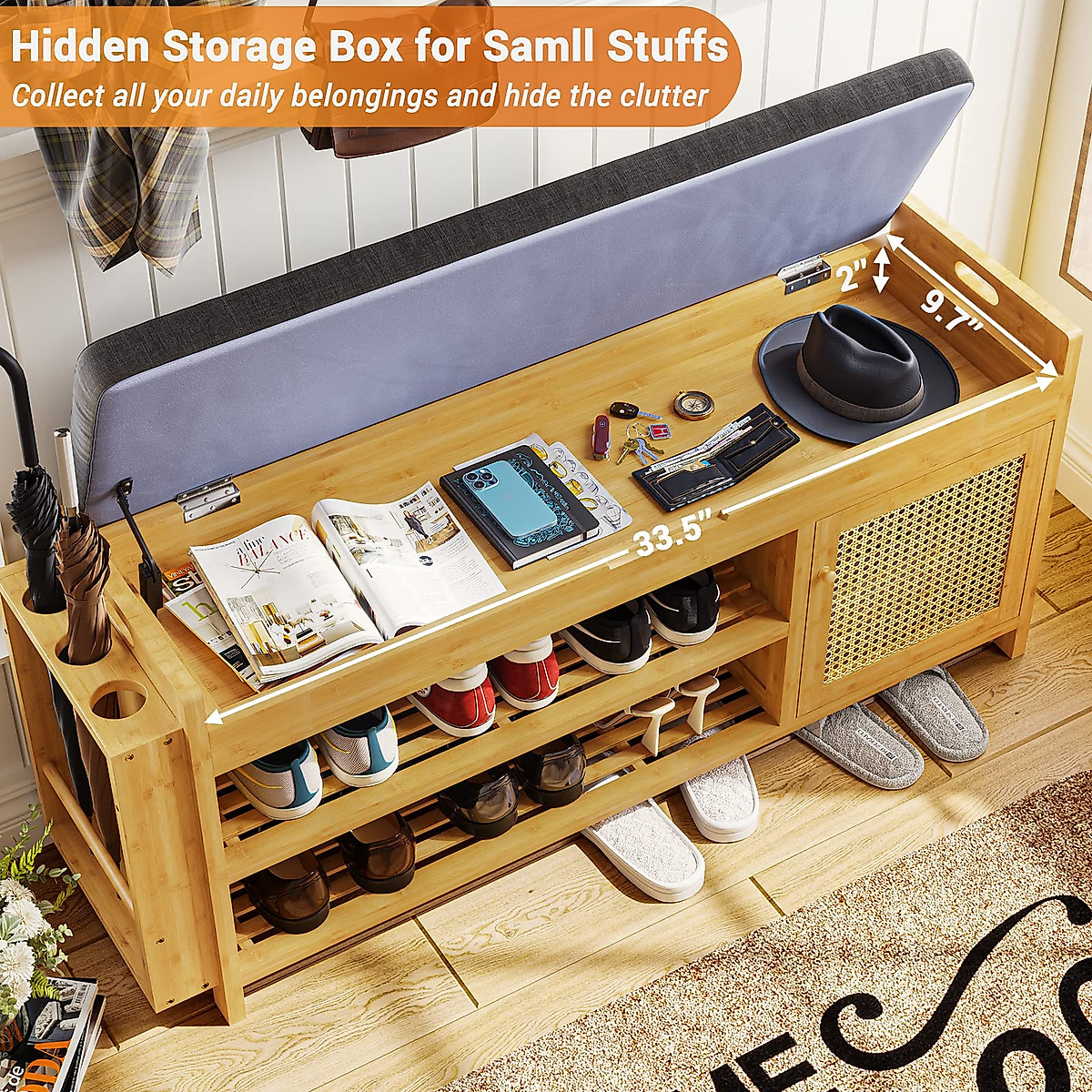 FORABAMB Shoe Bench, Bamboo Wood and Rattan Entryway Storage Bench with Padded Cushion, 11.4"D x 38.4"W x 19.7"H