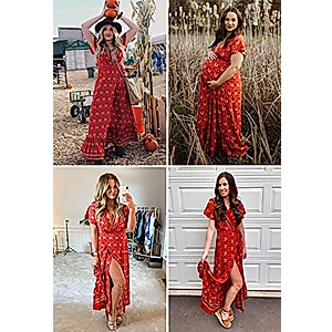 ZESICA Women's 2023 Bohemian Floral Printed Wrap V Neck Short Sleeve Split Beach Party Maxi Dress,Red2,Medium