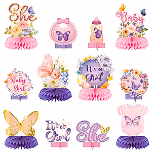 JAPBOR 12pcs Butterfly Baby Shower Party Honeycomb Table Centerpieces, It's a Girl Purple and Pink Decorations for Baby Girl Gender Reveal Party, Birthday Floral Butterflies Table Toppers