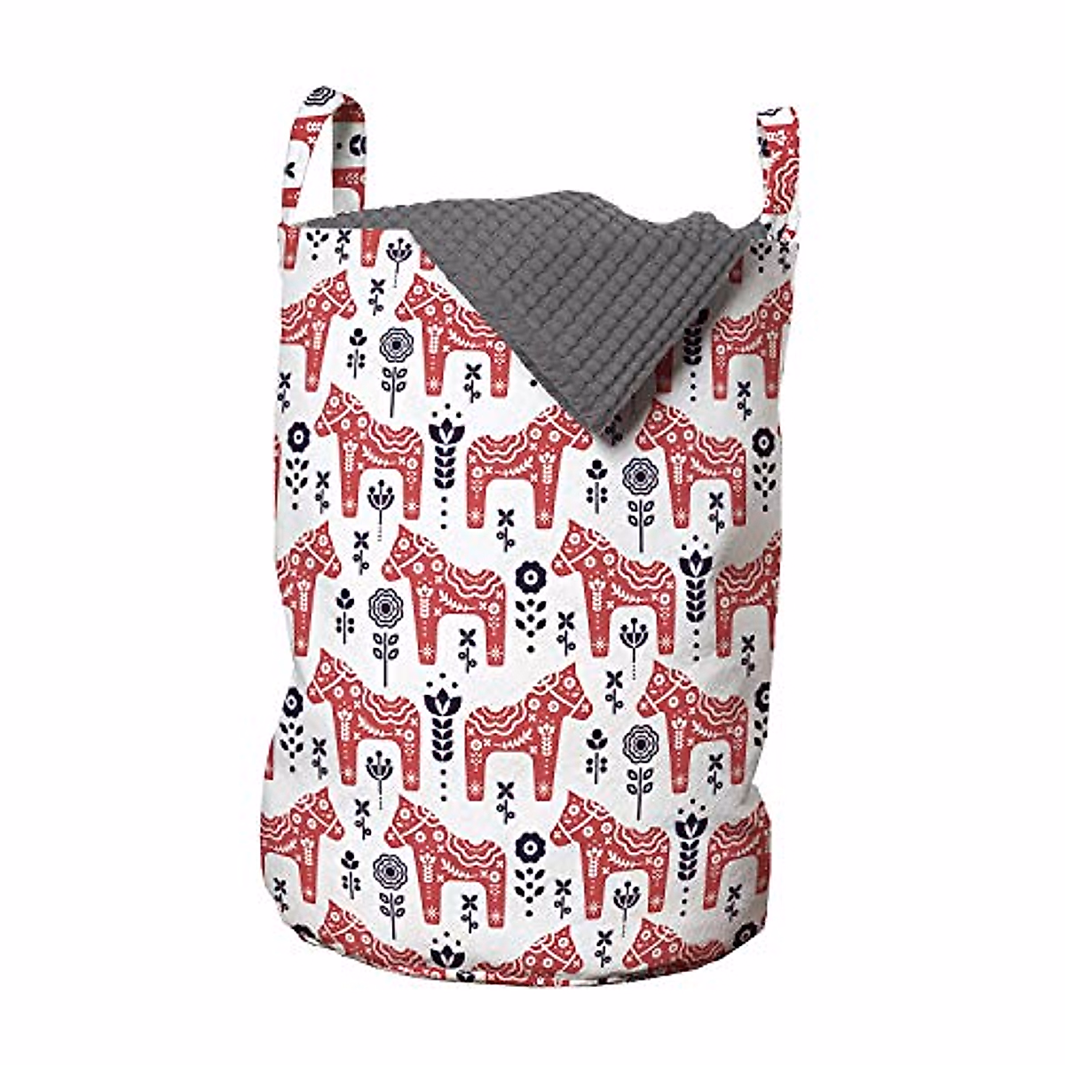 Ambesonne Ethnic Laundry Bag, Folk Inspired Swedish Dala Horse with Floral Ornaments Folklore Art, Hamper Basket with Handles Drawstring Closure for Laundromats, 13" x 19", Dark Coral Indigo