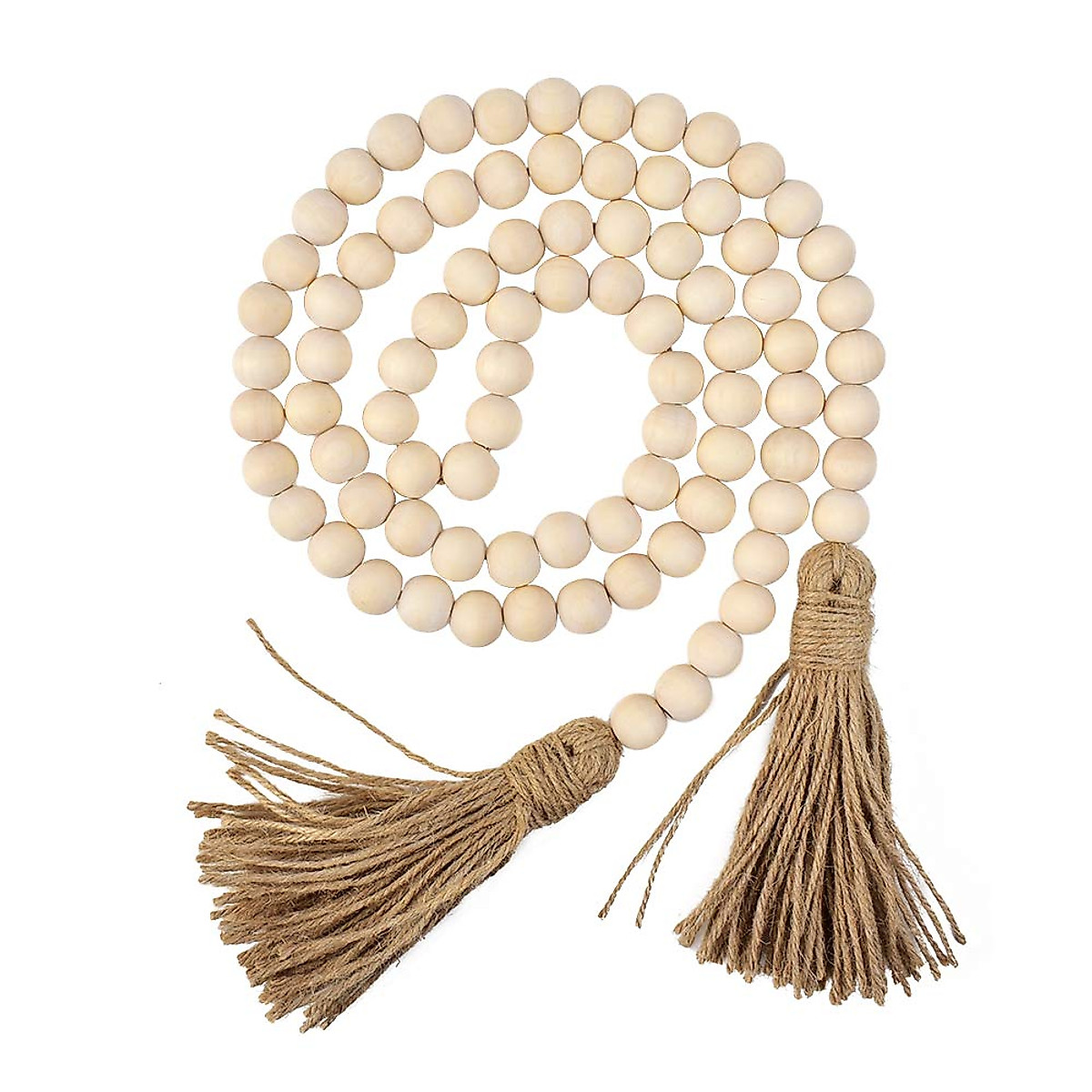 Hagao Farmhouse Beads, Natural Wood Bead Garland Rustic Country Beads with Tassles Wall Hanging Décor 57"