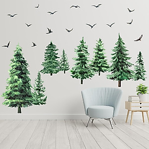Qilery Watercolor Pine Tree Wall Decals Large Tree Wall Sticker Peel and Stick Forest Wall Decal Woodland Branch Birds Wall Sticker Christmas Tree Wall Stickers for Bedroom Living Room (Classic Style)