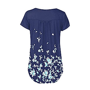 SXAURA Womens Tunic Top for Legging Short-Sleeved Shirt Botton Plus Size Henley Floral Print Graphic V-Neck Ruched Blouse Clothes 2022 Going Out Soft Pullover Navy 4XL