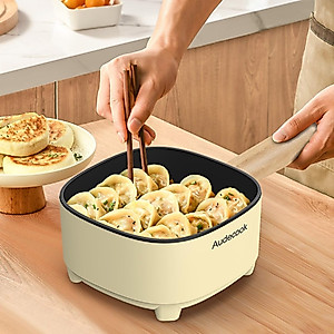 Audecook Hot Pot Electric 2L, Cermic Glaze Non-Stick Frying Pan 8 Inch, Portable Travel Cooker for Ramen/Steak/Fried Rice/Oatmeal/Soup, with Dual Power Control (Silicone Spatula Included)