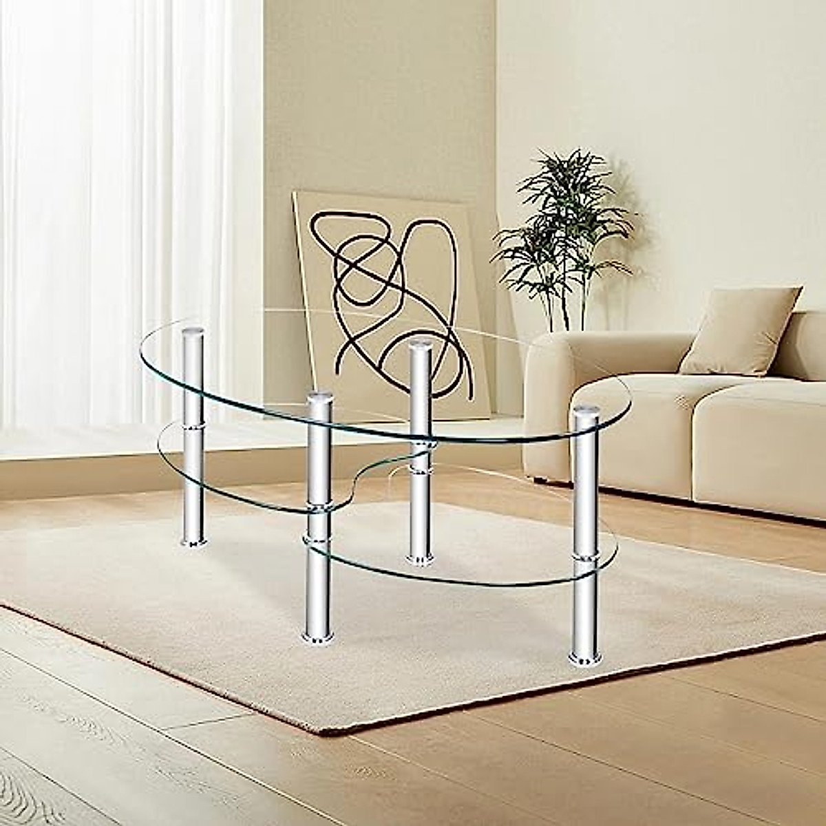 Glass Coffee Table, 3-Tier Oval-Shaped Glass Tea Table Modern Smooth Tea Table w/Spacious Glass Desk-Top Boards & Sturdy Chrome Plated Legs Home Office Reception