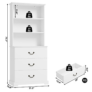 HIFIT 71" Tall Storage Cabinet, Tall Bookshelves and Bookcases with 3 Large Drawers & 3 Deep Shelves, Kitchen Pantry Cabinet with Hutch, Modern Storage Cabinet for Home Office, Living Room, White