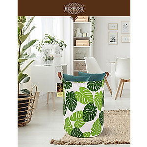 HUNRUNG Laundry Hamper,Large Canvas Fabric Lightweight Storage Basket Toy Organizer Dirty Clothes Collapsible Waterproof for College Dorms, Children Bedroom,Bathroom (Round Leaf)