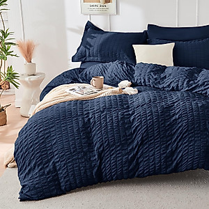 HYMOKEGE Navy Blue Full Size Comforter Sets Seersucker 7 Pieces, All Season Luxury Bed in a Bag for Bedroom, Bedding Set with Comforters, Sheets, Pillowcases & Shams