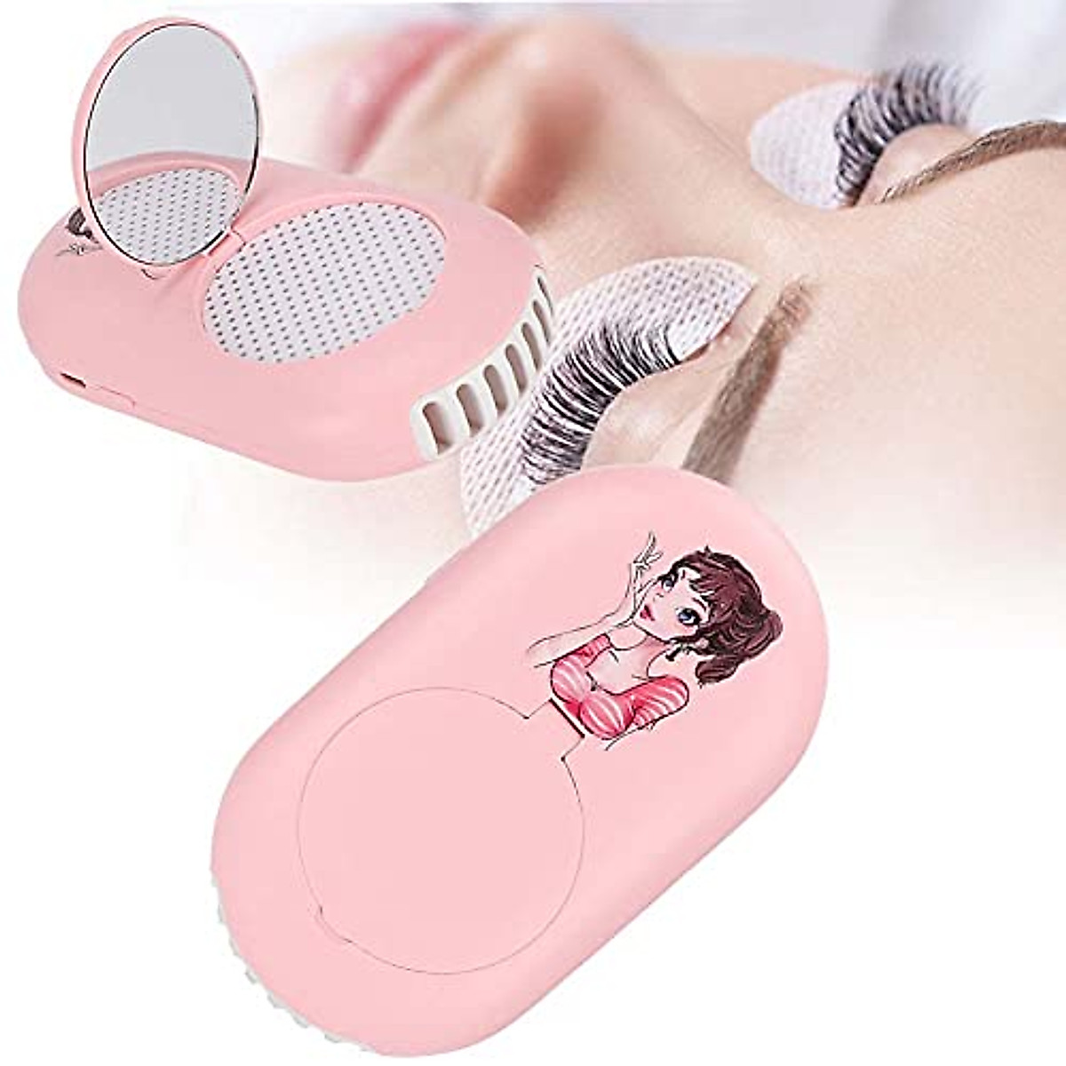 FILFEEL Eyelash Fan for Lash Extensions Small Portable Fan Mini USB Fan Rechargeable Air Conditioning Cooling Fan Eyelashes Extension Glue Dry Blower with Mirror(Pink)
