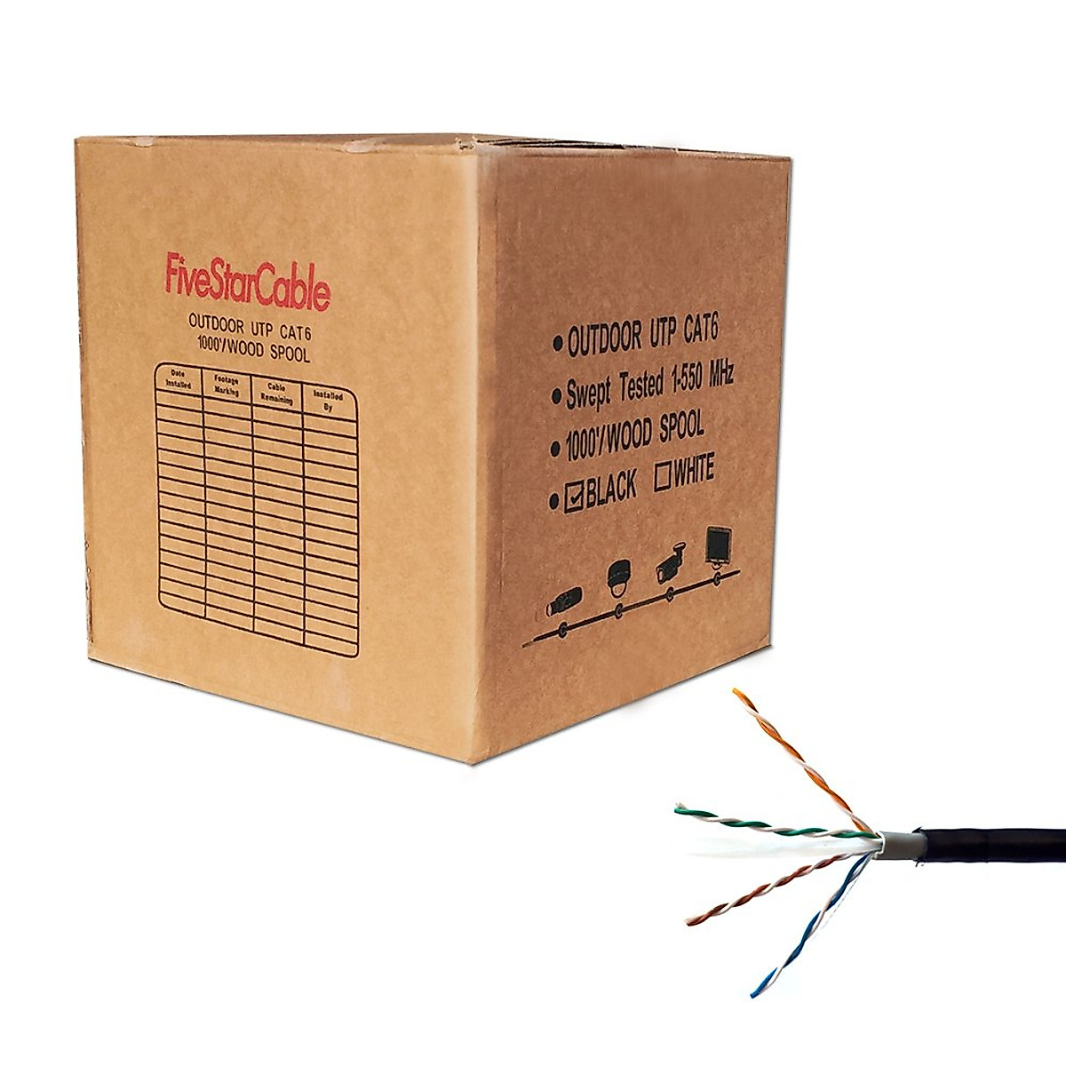 Five Star Cable Cat6 Outdoor 1000 Ft. 23AWG Double Jackets Direct Burial Underground Weather Waterproof UTP Ethernet Router Bulk Cable - Black