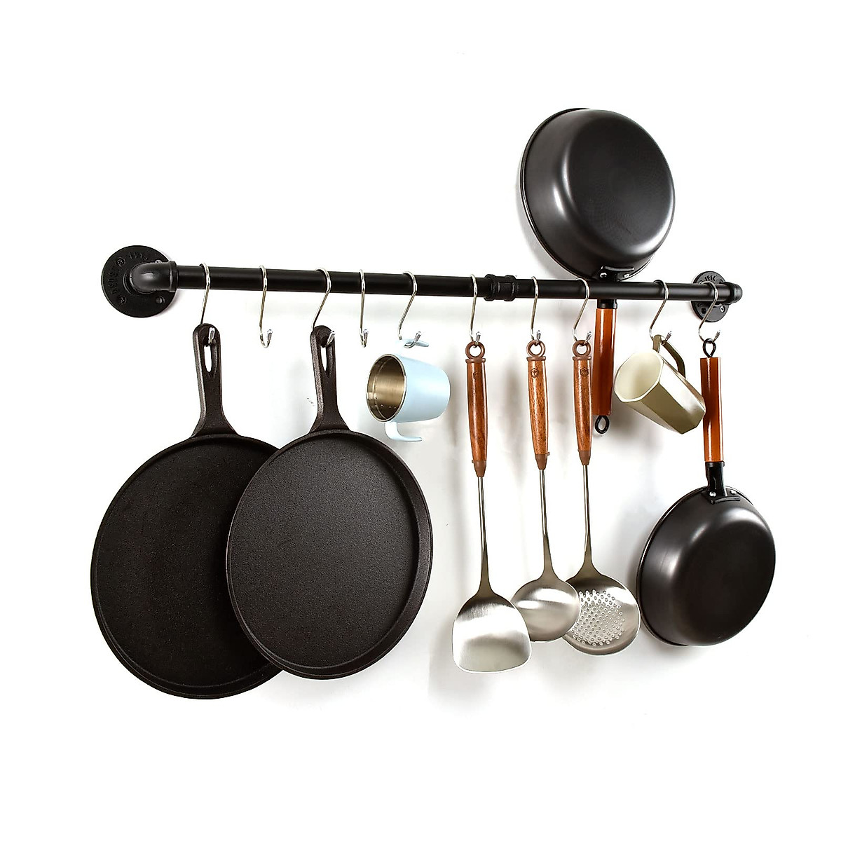 HOEMLIM Pipe Pot Pan Rack Wall Mounted Industrial Utensil Lid Holder Cookware Hanger Kitchen Organizer Hanging Bar Rail with S Hooks(36 inch,Black)