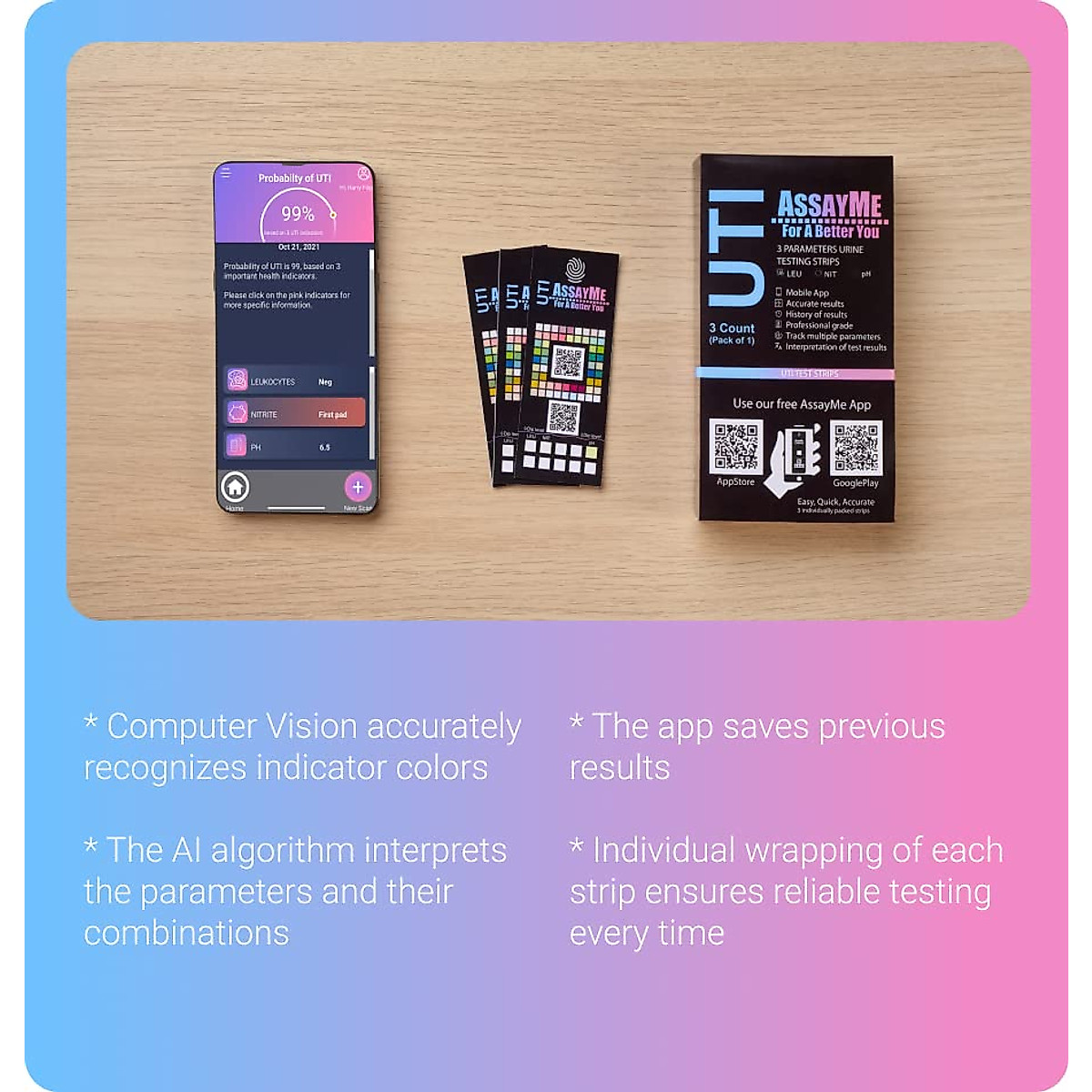 AssayMe UTI Test Strips | Accurate Urinalysis for UTI | Monitor Urinary Tract Infection | Home Test Kit for Men & Women | 3 Strips (LEU, NIT, pH) | Detect UTI