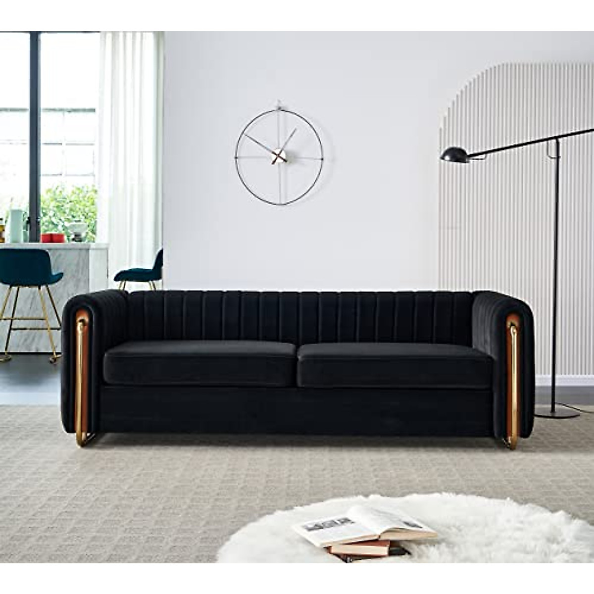 Melpomene Vertical Channel Tufted Velvet Sofa with Round Arm and Gold Metal Legs,Armrest 84.25" W（Black）