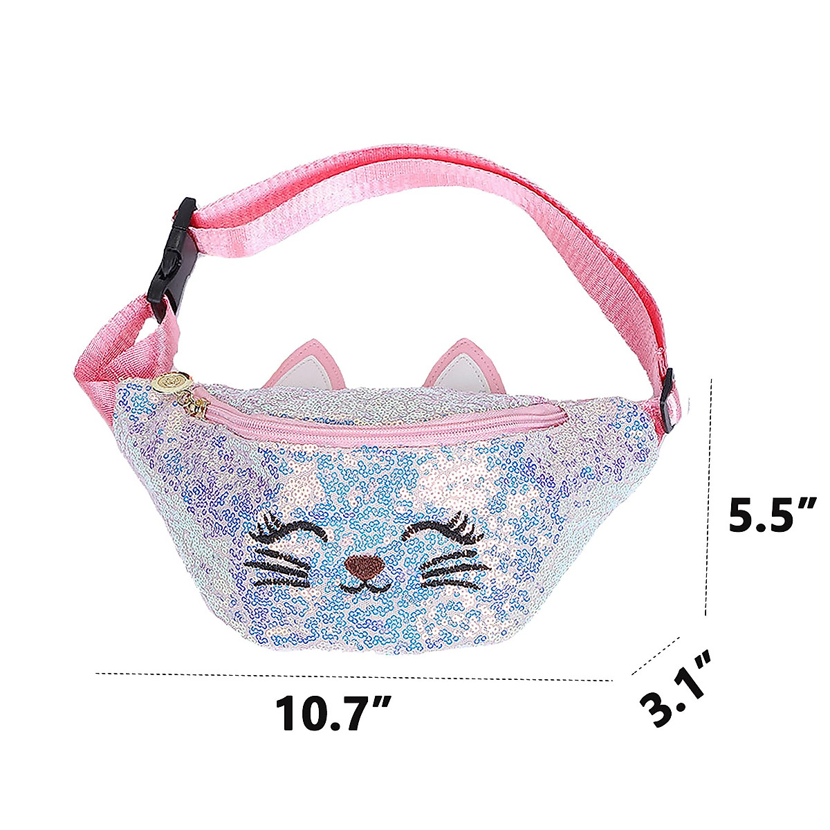 BIBDOO Kids Fanny Pack for Girls Shiny Waist Bag Cat Gift with Pom Pom