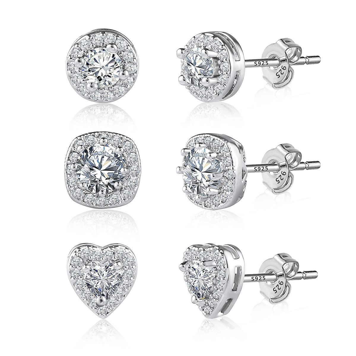 ALEXCRAFT Sterling Silver Halo Stud Earrings for Women Cubic Zirconia Round Heart Square Diamond Large Silver Stud Set 3 Pairs