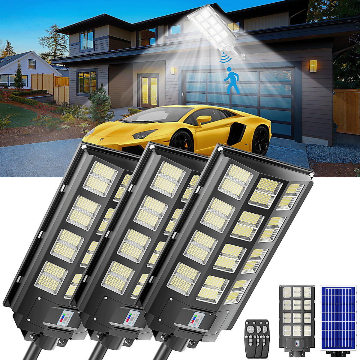 Vzyhik 3-Pack Solar Parking Lot Light - 4800W Solar Street Light 360000LM Dusk to Dawn Street Lights Solar Powered, IP67 Waterproof Solar Wide Angle Lamp with Motion Sensor for Yard, Road