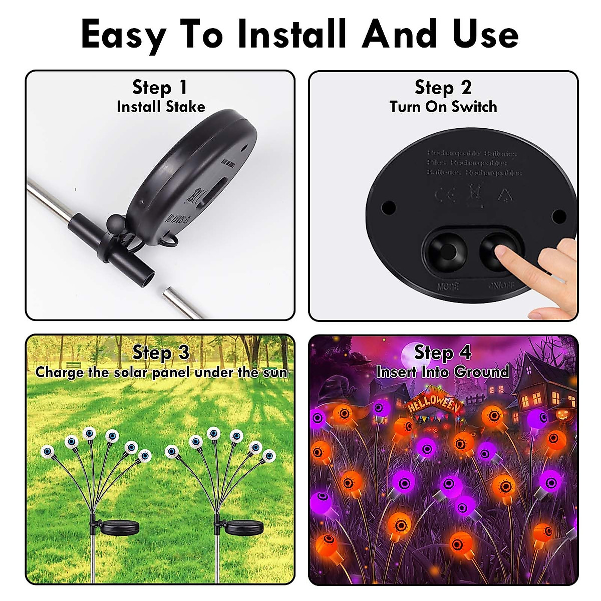 6 𝓟𝓐𝓒𝓚 𝓗𝓪𝓵𝓵𝓸𝔀𝓮𝓮𝓷 Halloween Scary Solar Eyeballs Garden Lights, 6 Pack Halloween Lights Outside, Solar Firefly Lights Outdoor，Solar Swaying Lights for Garden Path Decor (Purple&Orange)