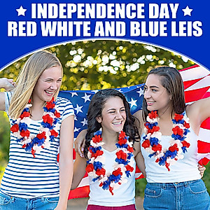 JUNEBRUSHS 24 Pack Patriotic Leis Red White and Blue Flower Leis, 4th of July Garlands Hawaiian Luau Flower Necklaces Bulk for Fourth of July, Memorial Day, Independence Day Decorations Party Favors