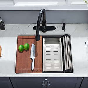 EcoChannels Undermount Kitchen Sink, 24 x 19 Inch Sink Kitchen 16 Gauge Stainless Steel Kitchen Sinks Gunmetal Black Single Bowl Workstation Sink with Cutting Board