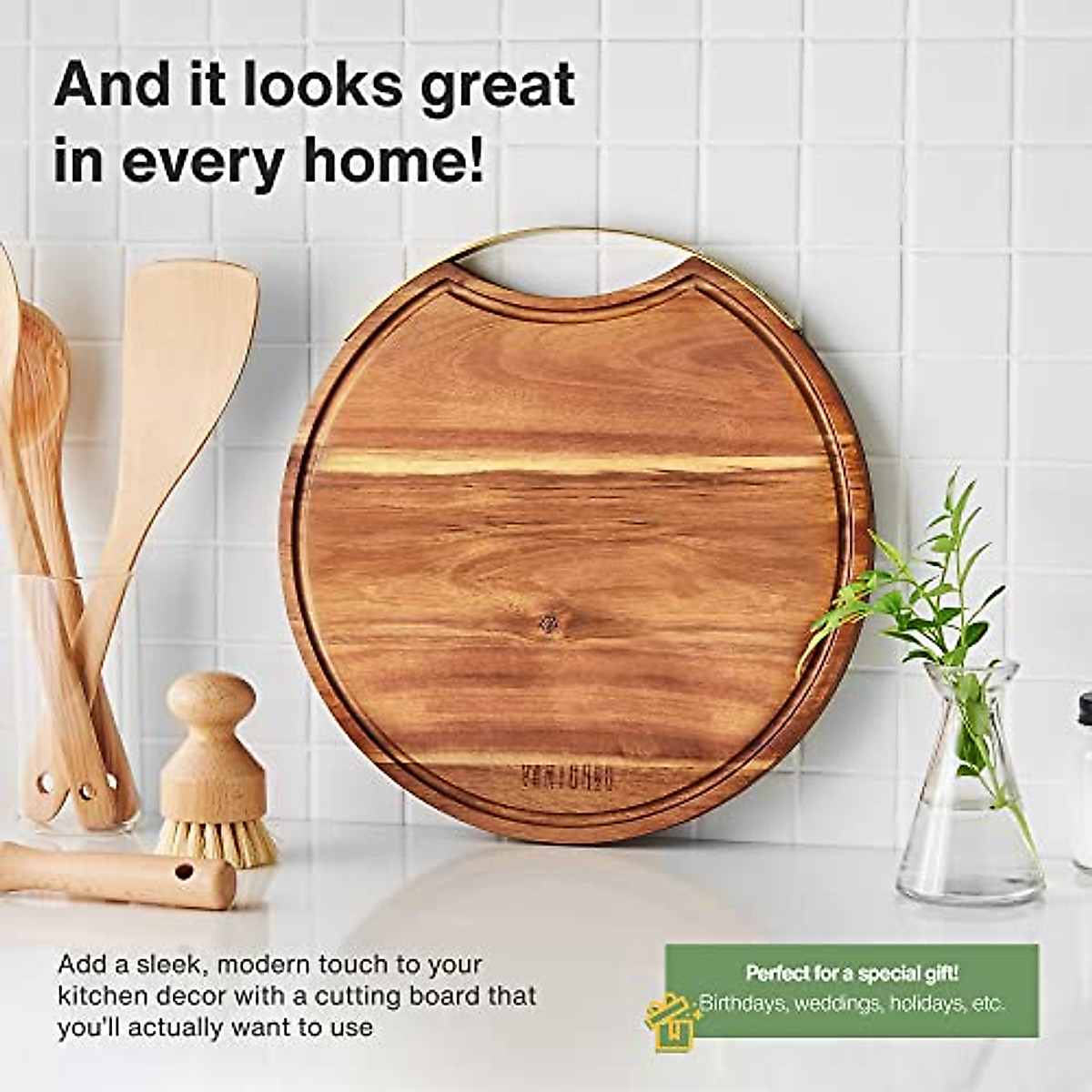 Vintorio Wooden Cheese Board - Round 12" Serving Plate with Handle for Meat, Snacks, Fruit, Desserts, and Charcuterie