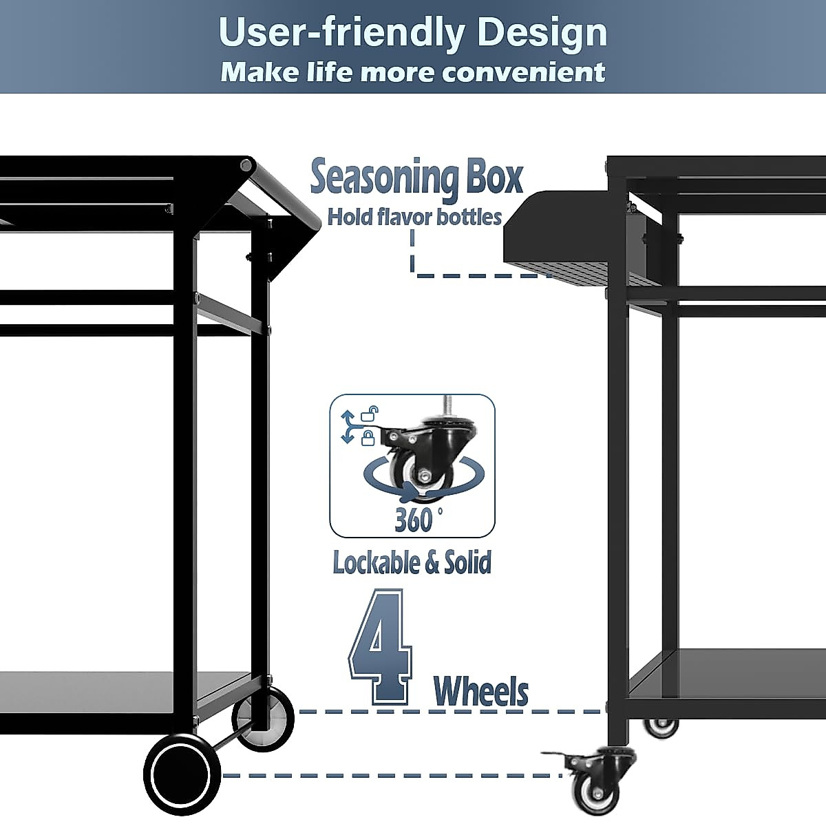 Koutemie Outdoor Grill Cart Table with 4 Wheels for Blackstone 17" or 22", Movable BBQ Food Prep Table Top, Double-Shelf Metal Pizza Oven Worktable with Spice Tray for Patio, Backyard, Black