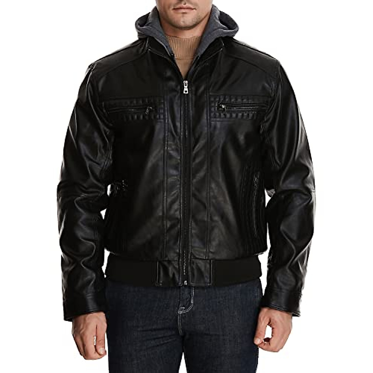HOOD CREW Men Faux Leather Jacket with Detachable Hood Casual Motorcycle Bomber Jackets Outerwear Black XXL