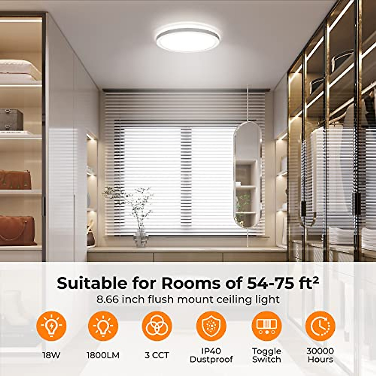 BLNAN LED Flush Mount Ceiling Light, 9 Inch 18W 3000K/4000K/5000K Hardwire Light Fixture, Ultra Thin Round White Lamp for Kitchen Porch Bedroom Hallway Stairwell Basement, Non-dimmable 1 Pack