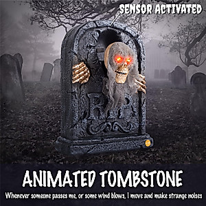 ELAMAS Halloween Animated Zombie Tombstone - Animatronic Skeleton Decorations with Sound Activated, Creepy Voice, Spooky Skull Head, Light Up Eyes, Scary Motion, Horror Prop for Indoor/Outdoor