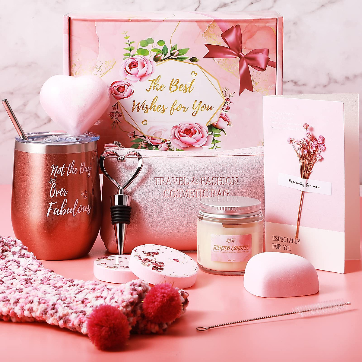 Shihanee 11pcs Valentine‘s Day Gifts for Women Birthday Relaxing Gifts Baskets Box Spa Sets Birthday Bath Set Insulated Wine Tumbler Set for Mother Sister Girlfriend Wife Friend(Rose)