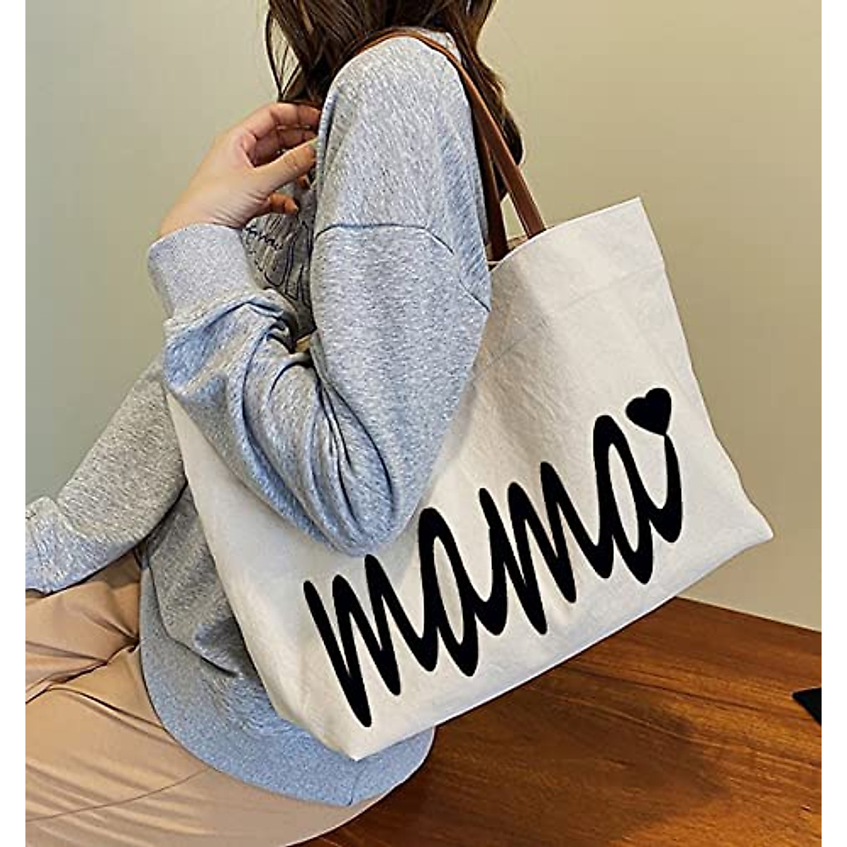 D DASAWAN Canvas Mama Tote Bag - Reusable Grocery Mom Bag for Mother’s Day Gifts,Mom Birthday Presents,Shopping,Travel