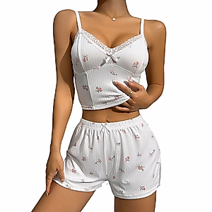 SHENHE Women's Causal Lace Trim Sleepwear Cami Top and Shorts Pajama Sets Floral White L