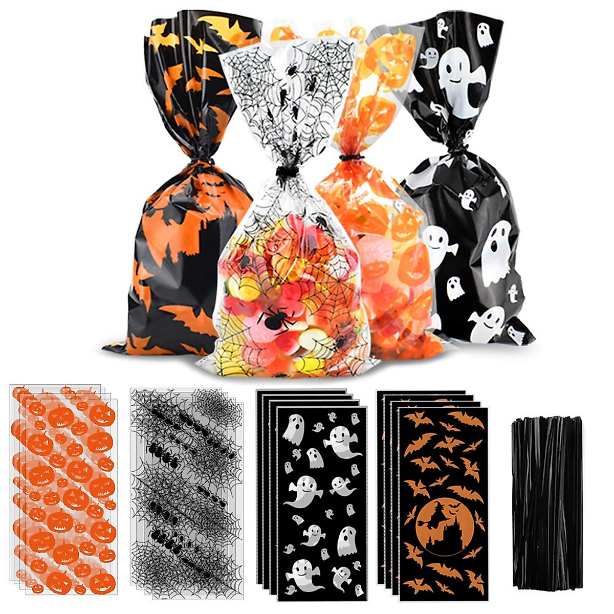 ERKOON 200pcs Halloween Candy Bags Pumpkin Spider Web Bat Ghost Print Candy Bags Halloween Treat Candy Twist Ties Gift Bags Kids Candy Bags for Halloween Party
