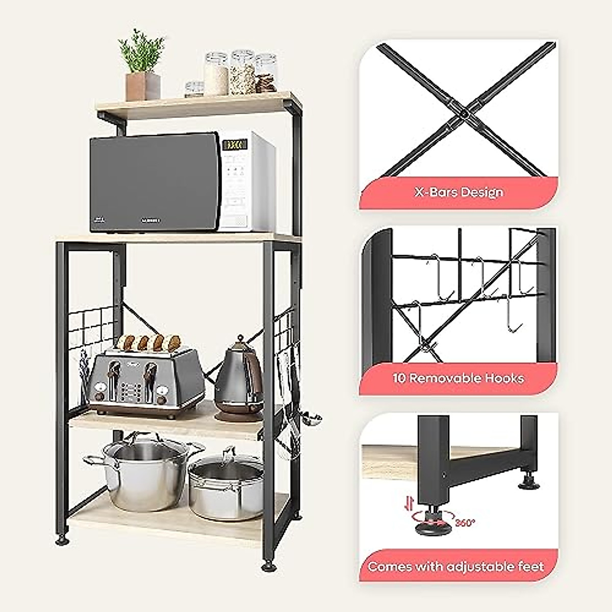 Bestier Bakers Rack, 4-Tier Microwave Stand Coffee Bar Table on Wheels, Utility Storage Rack with Sliding Shelf & 10 Side Hooks for Kitchen, Living Room, Dining Room, Oak
