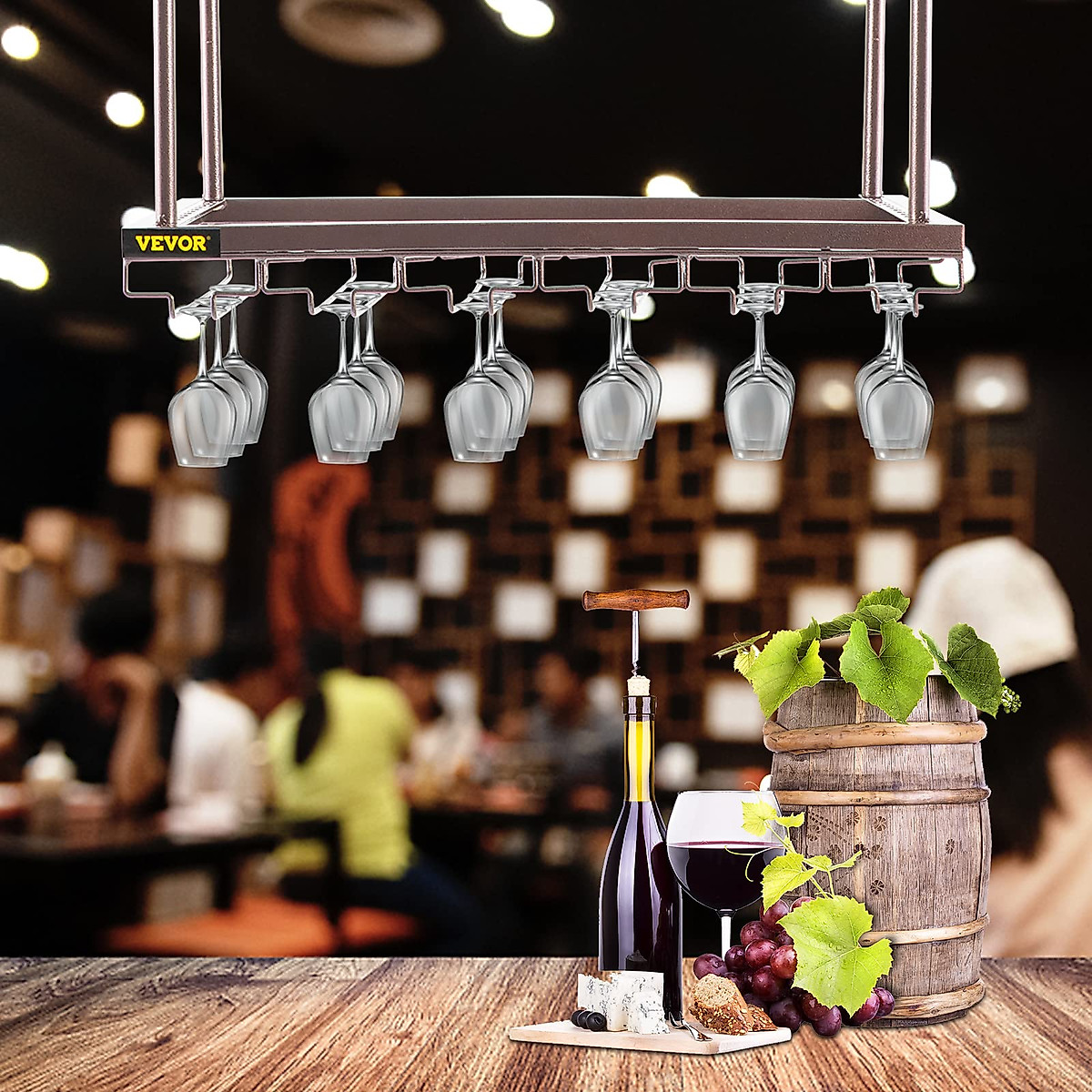 VEVOR Ceiling Wine Glass Rack, 23.6 x 13.8 inch Hanging Wine Glass Rack, 18.9-35.8 inch Height Adjustable Hanging Wine Rack Cabinet, Coppery Wall-Mounted Wine Glass Rack Perfect for Bar Cafe Kitchen