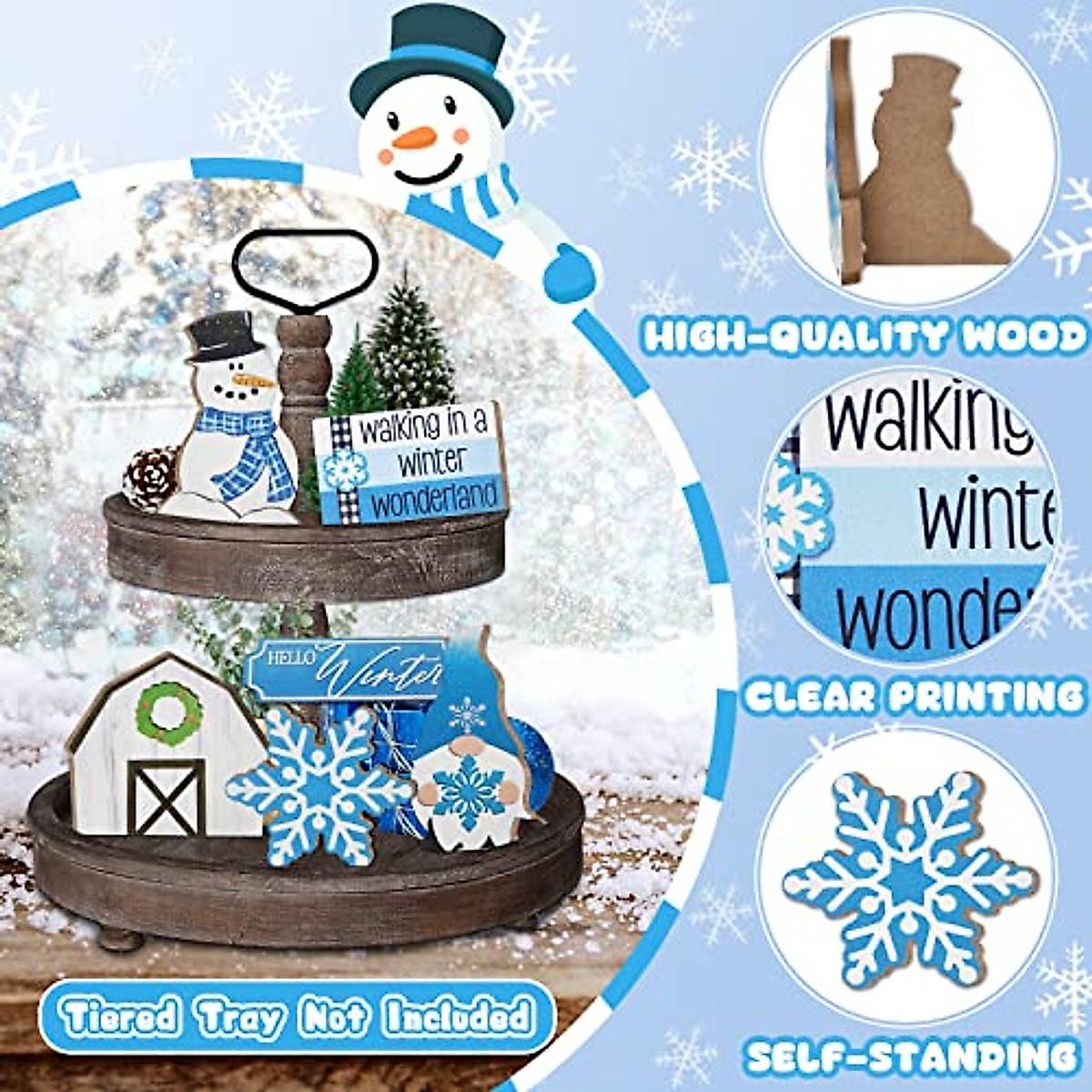 Guoofu Winter Tiered Tray Decor, Farmhouse Tray Decorations, Winter Wonderland Snowman Gnome Snowflake Wooden Signs, Rustic Winter Decor for Home Table Mantel Office Holiday Party
