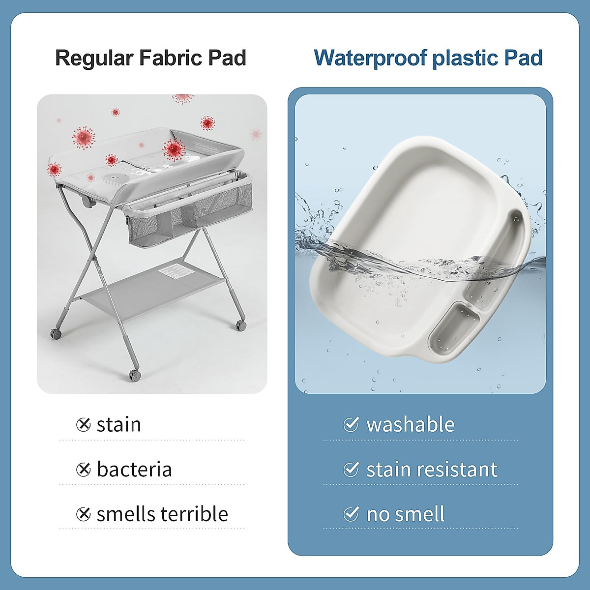 cosola Baby Changing Table with Wheels, Foldable Adjustable Height Diaper Changing Tables with Changing Pad & Storage Rack Diaper Station for Newborn Baby and Infant, Light Grey
