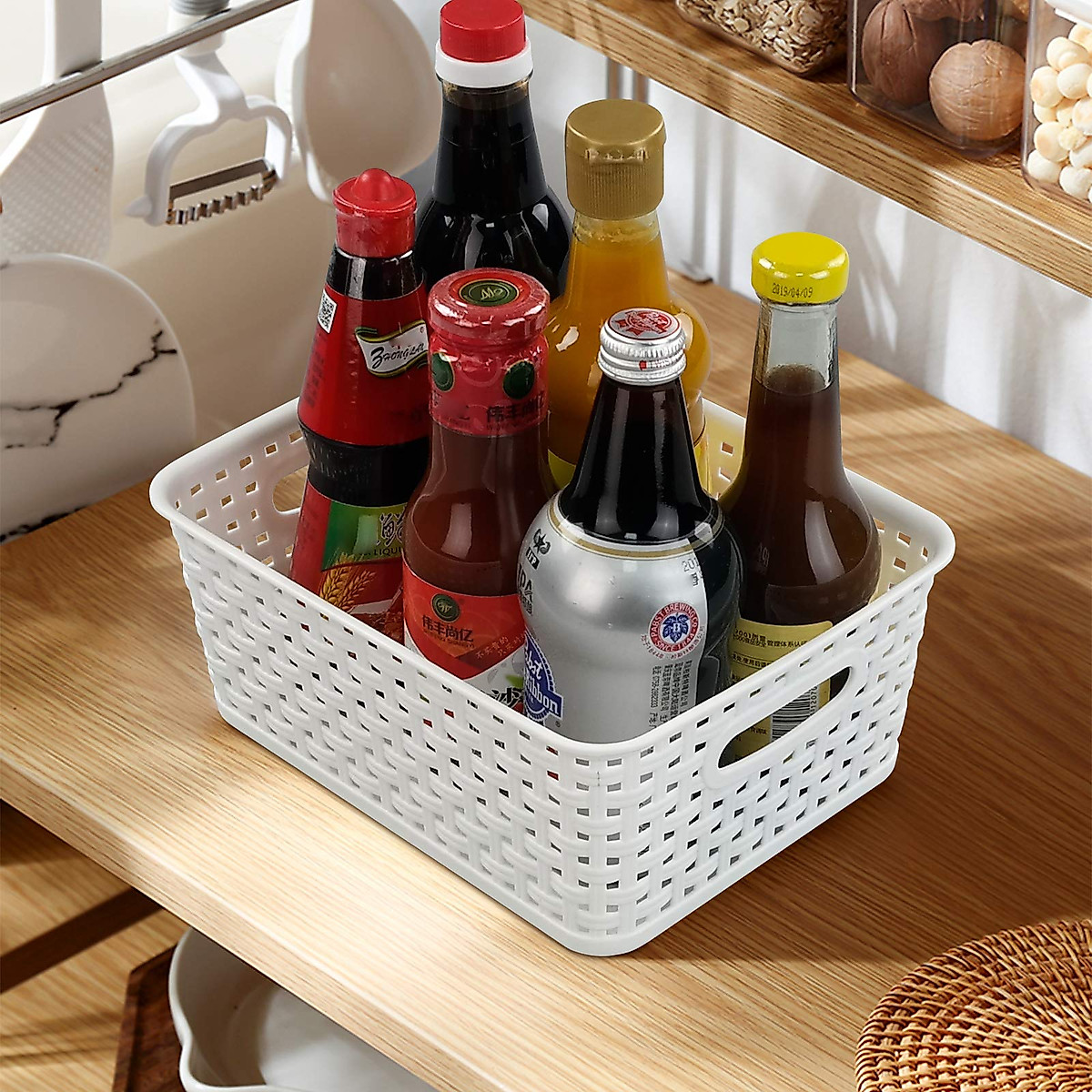 Neadas Plastic Weave Storage Basket, Plastic Shelf Basket Bin, 6 Packs