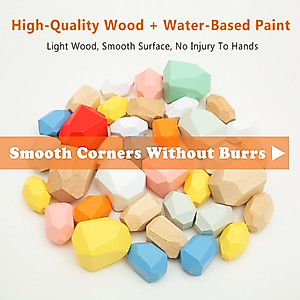 DORLETEM 36PCS Wooden Balancing Stacking Rocks Stones, Building Blocks Set, Montessori Educational Preschool Learning Sensory Toys Lightweight Sorting Wooden Blocks for Kids