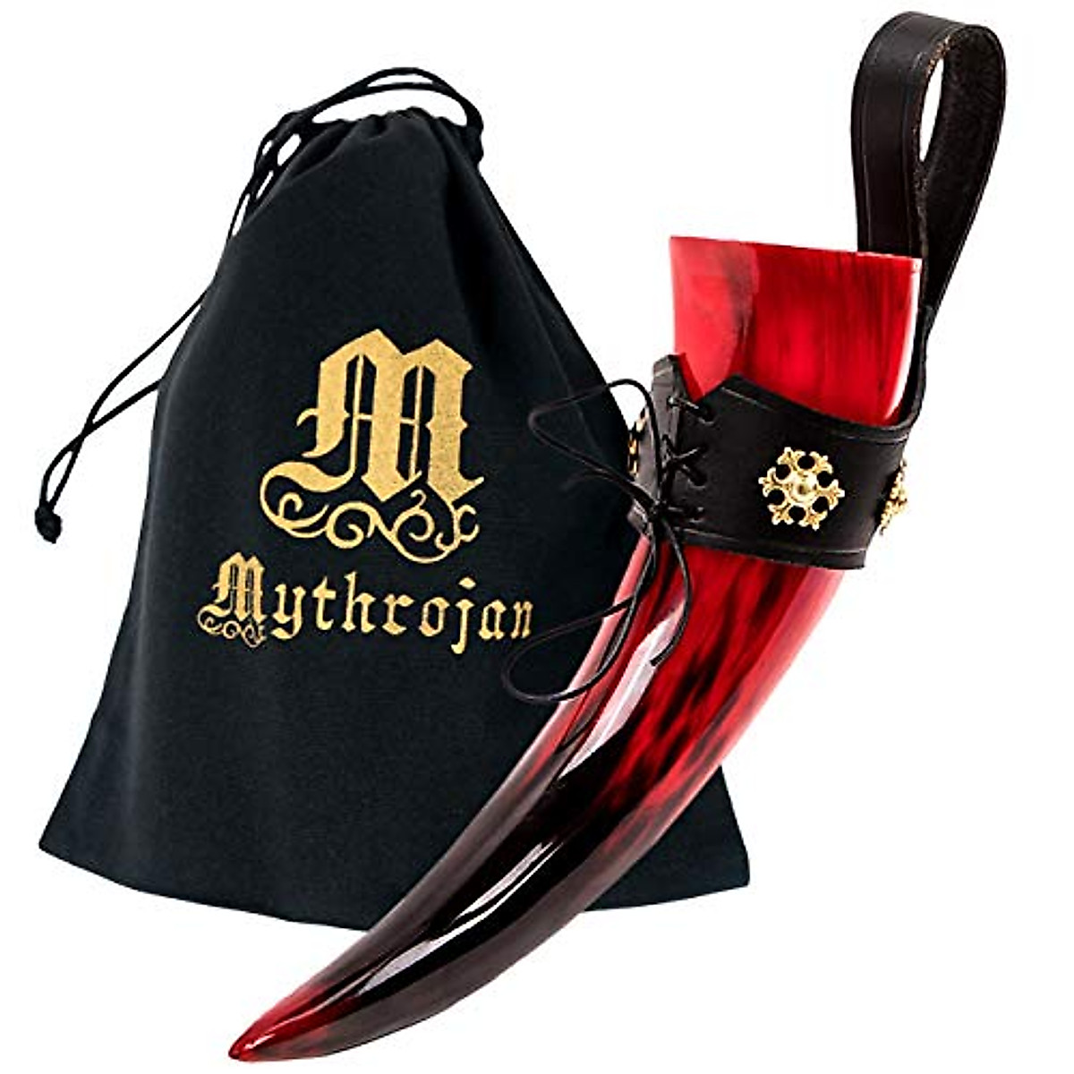 Mythrojan THE RED WITCH Viking Drinking Horn with Black Leather holder Authentic Medieval Inspired Viking Wine/Mead Mug – Polished Finish