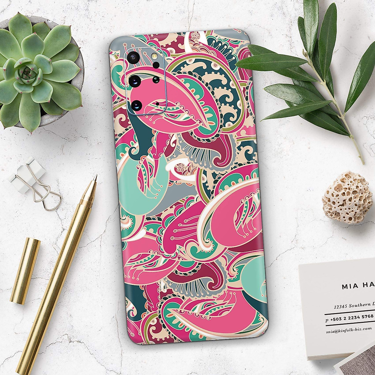 DesignSkinz Colorful Pink & Teal Seamless Paisley Protective Vinyl Decal Wrap Skin Cover Compatible with The Samsung Galaxy S20 (Screen Trim & Back Glass Skin)