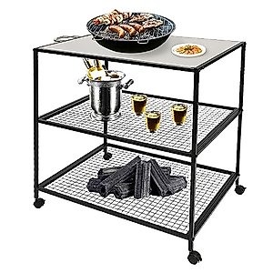 KarweuSu 3-Tier Shelf Food Preparation BBQ, Outdoor Cook Adjustable Station Table with Wheels, Heightened Bottom Grill Serving Cart Movable Trolley Storage (with Handle)