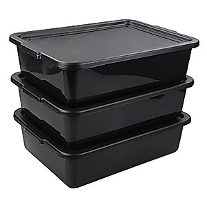 Kekow Plastic Bus Box with Lid, Commercial Bus Tubs with Handle, 3-Pack, Black