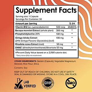 Vital Vitamins Brain Supplements for Memory & Focus - Brain Booster Nootropic - Brain Support for Concentration & Brain Fog - with Ginkgo Biloba, DMAE, Vitamin B12 - Energy Pills - 30-Day Supply