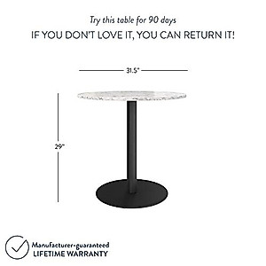 Nathan James Bistro Lucy Small Mid-Century Modern Kitchen or Dining Table with Faux Carrara Marble Top and Brushed Metal Pedestal Base, Black, 31.5D x 31.5W x 29H in