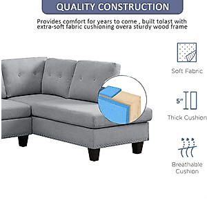 BEEY Modular Sectional Sofa Couch with Reversible Chaise, 3-Seat L Shaped Sectional Couch with Ottoman for Living Room, Right Facing Couch, Light Grey