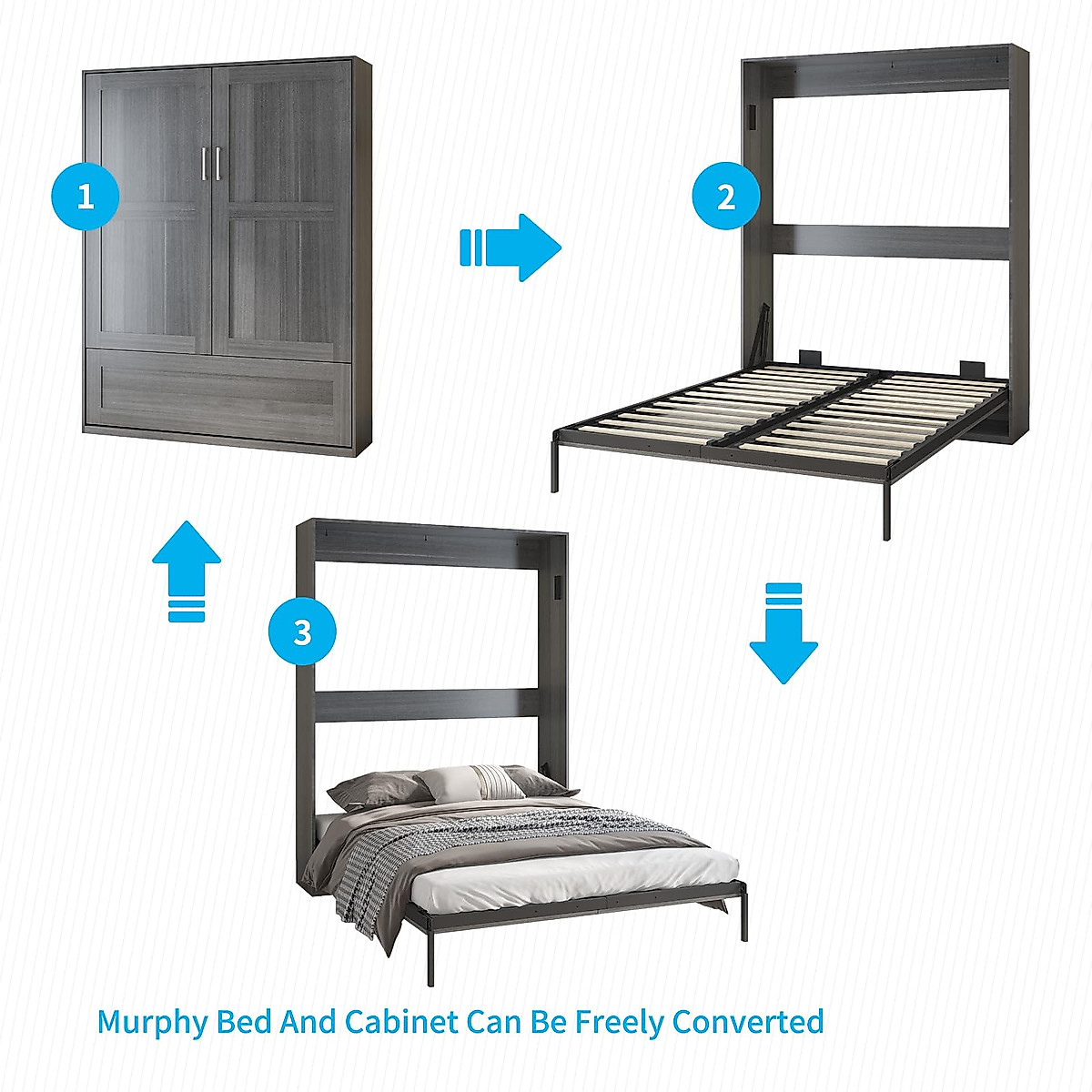 Mjkone Large Murphy Bed with 2 Side Cabinet, Folding Guest Wall Bed (Dark Grey