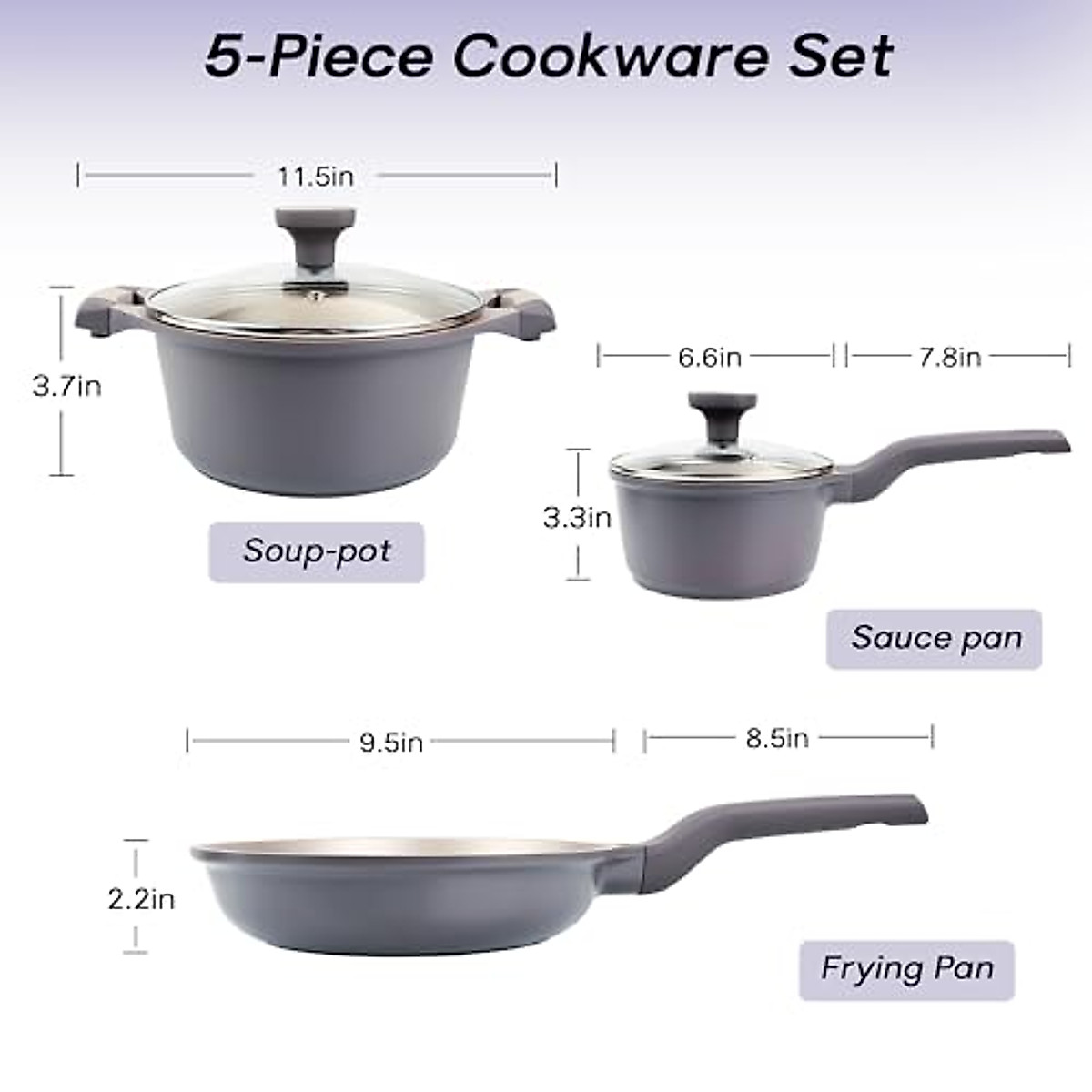 Pots and Pans Set with Premium Nonstick Coating, 5-Piece Kitchen Cookware Sets PFOA & PFAS Free, Pots and Pans Cooking Utensils Set Induction/Gas/Electric Compatible, Dishwasher Safe