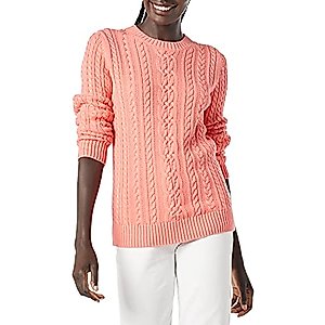 Amazon Essentials Women's Fisherman Cable Long-Sleeve Crewneck Sweater (Available in Plus Size), Coral Pink, Large