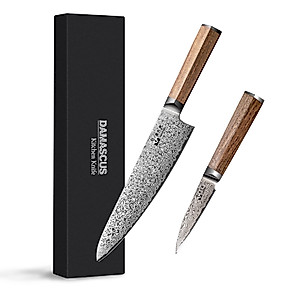 Damascus Steel Chef Knife 8 inch, Paring Knife 3.5 inch 67-Layer Damascus with VG10 Cutting Core Kitchen Knives with Full Tang Ergonomic Natural Wood Handle